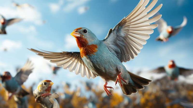 Flock of Birds Flying through Close-up. Generative AI. Stock ...