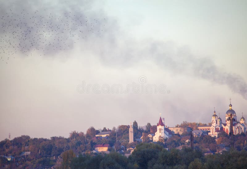 Smoke and Birds Over the Town Stock Image - Image of building, mist ...