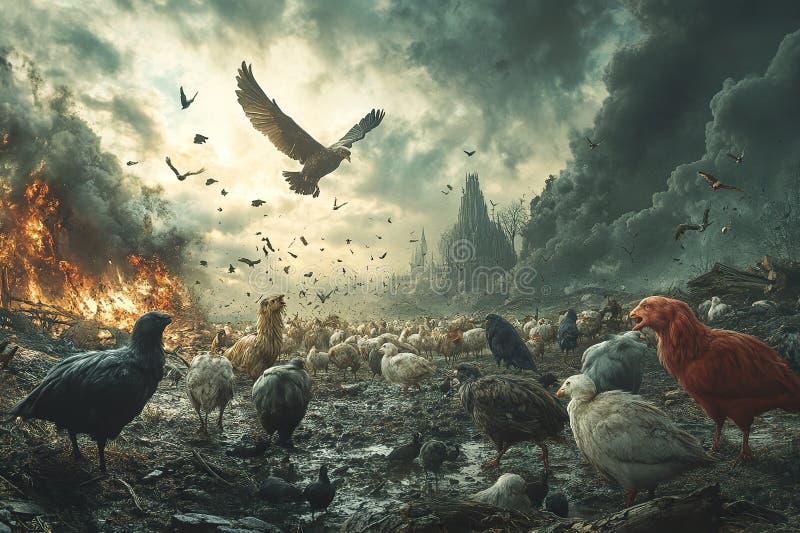 Apocalyptic Birds Flock Amidst Ruins and Fire Stock Photo - Image of ...