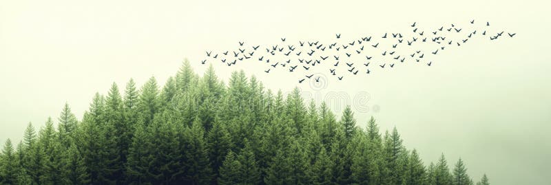 Creative Bird Flock Morphs into a Ridge of Pine Trees Representing ...