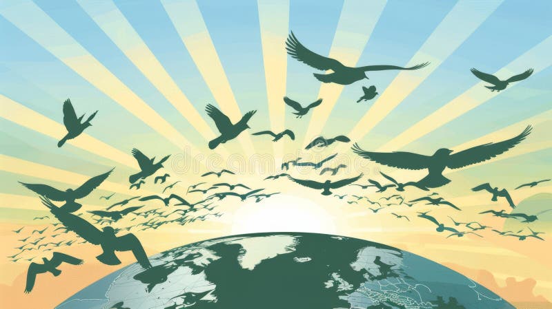Flock of Birds Soaring Over Sunrise Earth Illustration Stock Image - Image of warm, nature ...