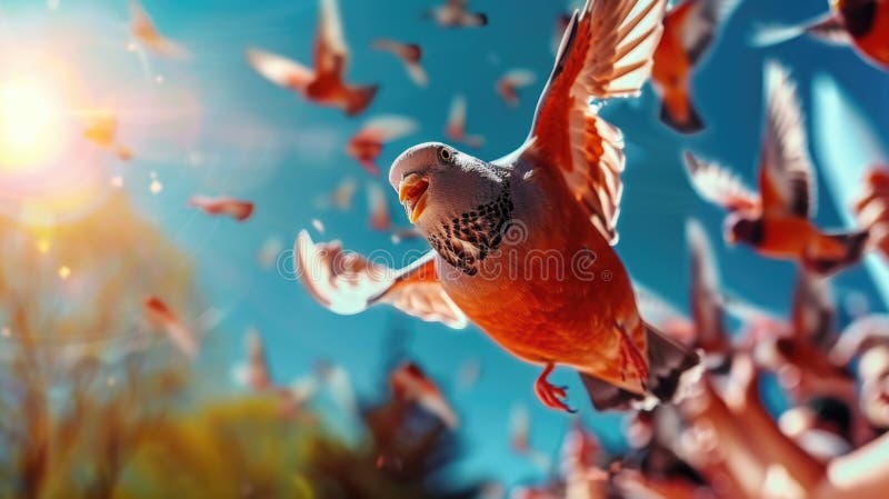 Flock of Birds Soaring in Sunlit Sky with Vibrant Feathers in Flight ...