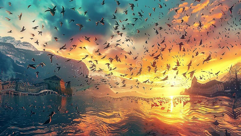 Flock of Birds on Sunset Abstract Computer Generated Motion Background ...