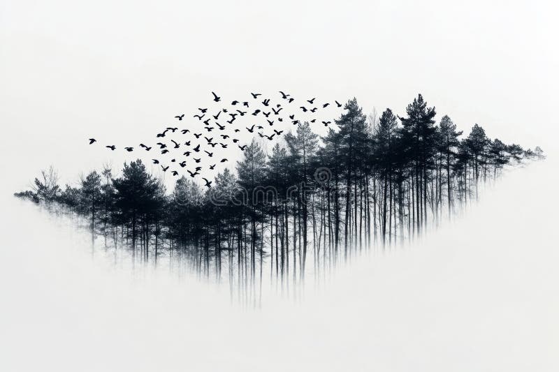 Flock of Birds Transforming into a Ridge of Pine Trees in a Unique ...