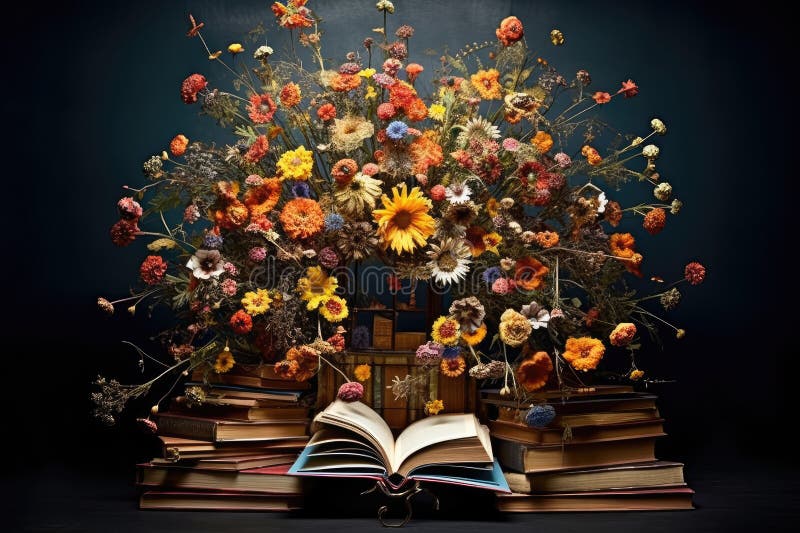 Design with Stacked Books and an Open Book with Colorful Flowers on it ...