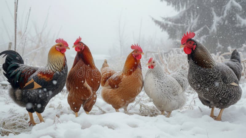 Flock of Chickens in the First Fresh Snow of Winter. Stock Image ...