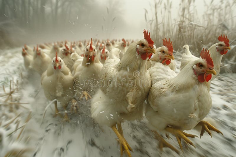 A Flock of Chickens Moving through Snowy Field Stock Illustration ...