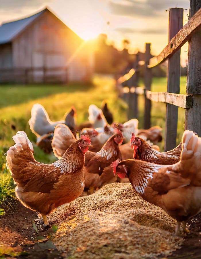 A Flock of Chickens Pecking at Grain in a Farmyard, Bathed in the Warm ...