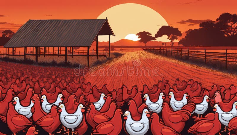 A Flock of Chickens Standing in Front of a Barn Stock Illustration ...