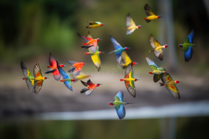 Flock of Colorful Birds Flying in Formation Stock Photo - Image of ...