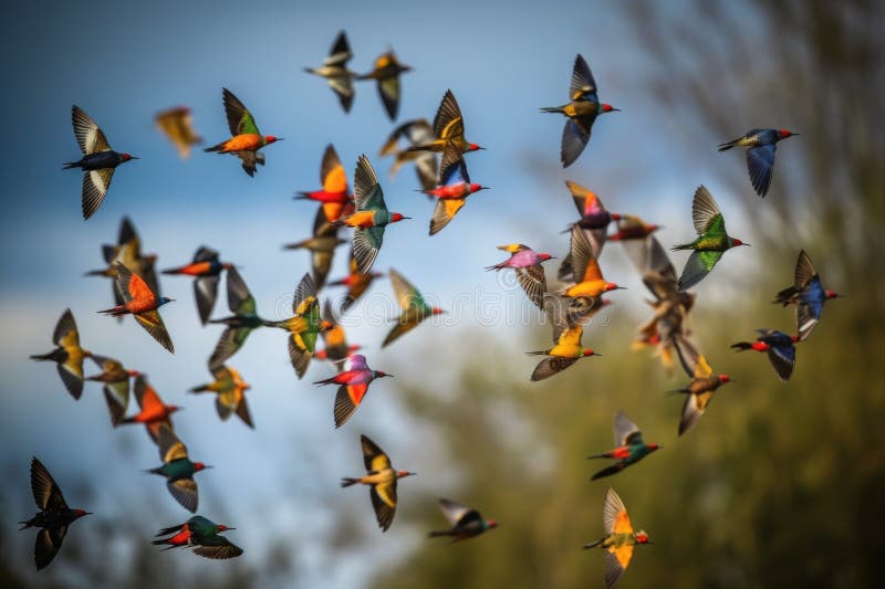 Flock of Colorful Birds Flying in Formation Stock Illustration ...
