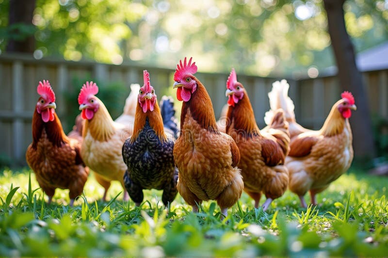 Flock Colorful Chickens Lush Green Backyard Setting Stock Photos - Free ...