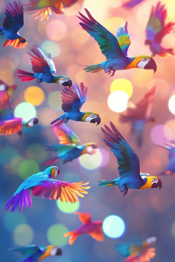 A Flock of Colorful Parrots Flying on an Abstract Background Stock ...