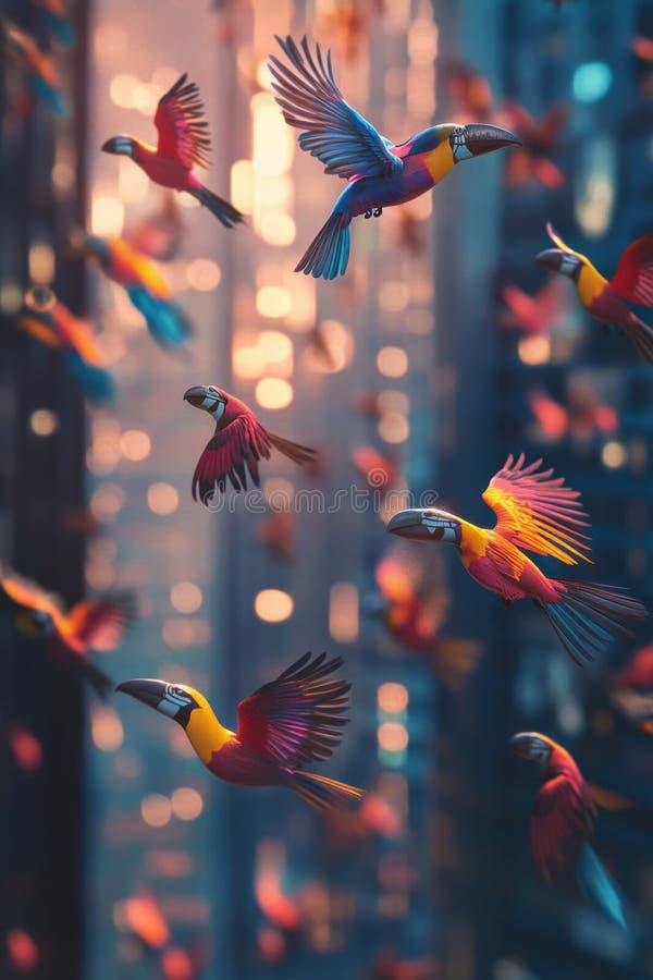 A Flock of Colorful Parrots Flying on an Abstract Background Stock ...