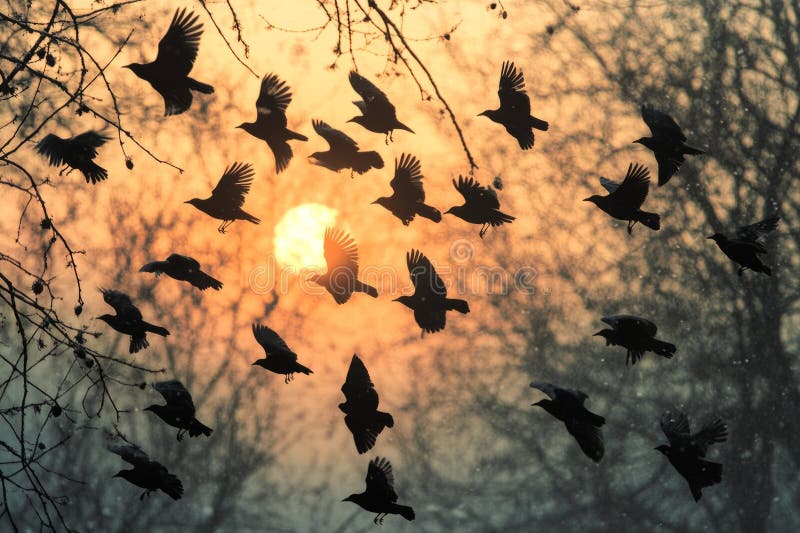 Flock of Crows Flying Across a Beautiful Sunset Creating a Stunning ...