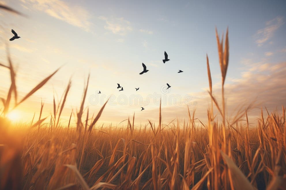 Flock of Crows Flying Over a Cornfield at Dusk Stock Photo - Image of ...