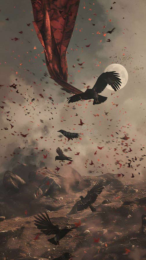 A Flock of Crows Soars through the Sky, Their Silhouettes Spread Wide ...