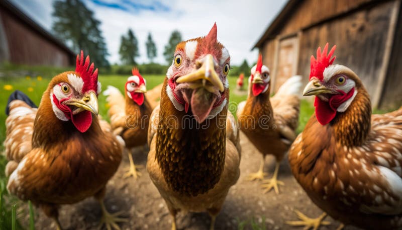 A Flock of Curious Chickens Peek into the Camera, Close-up Shot. Stock ...