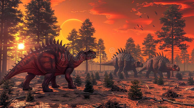 A Flock of Dinosaurs, Making His Way through the Jung Stock Image ...