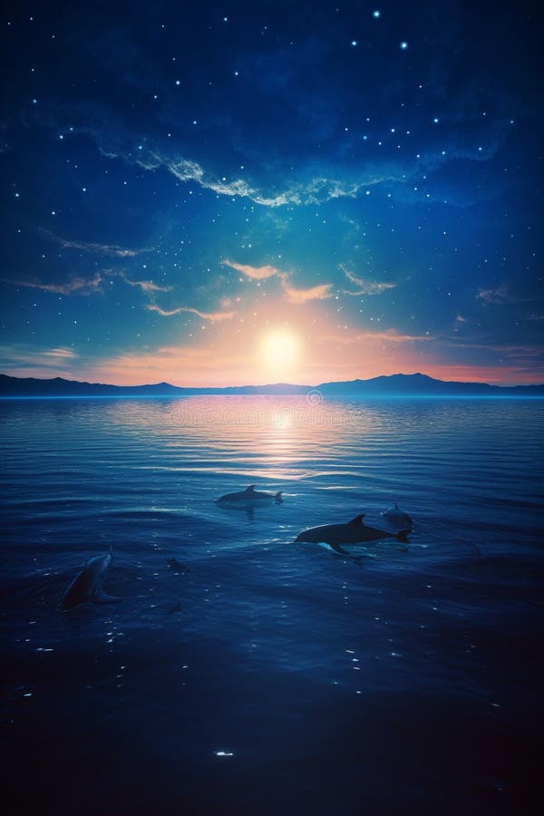 A Flock of Dolphins Splashes in the Open Sea at Night among the Glowing ...