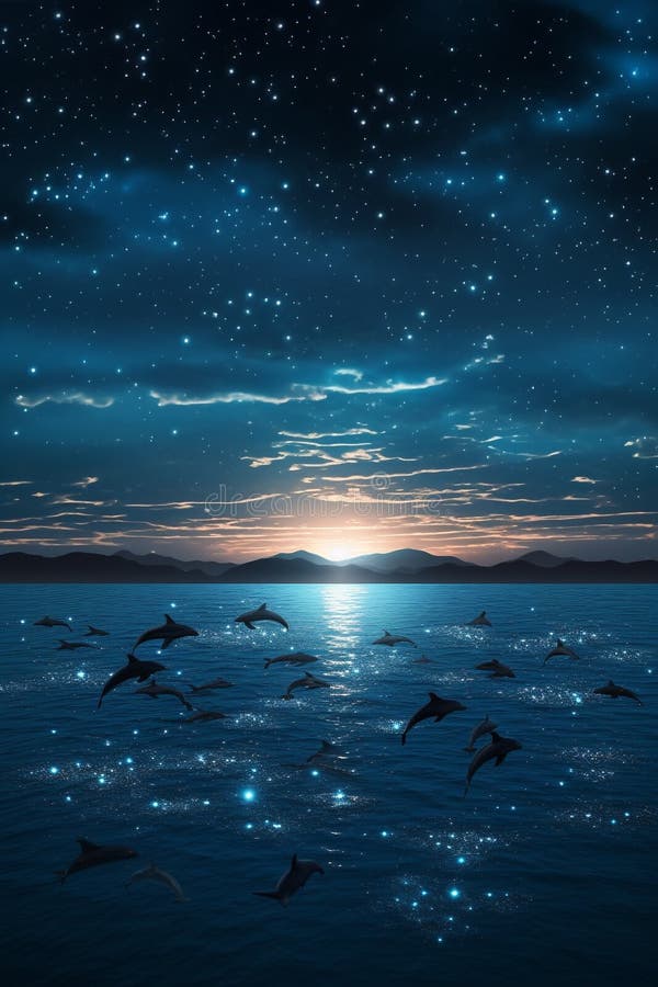 A Flock of Dolphins Splashes in the Open Sea at Night among the Glowing ...