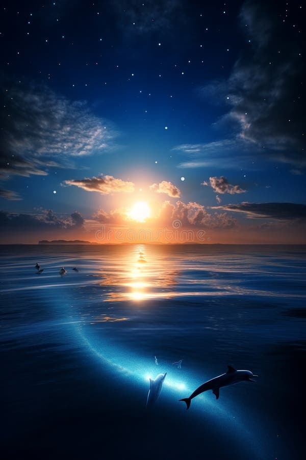 A Flock of Dolphins Splashes in the Open Sea at Night among the Glowing ...