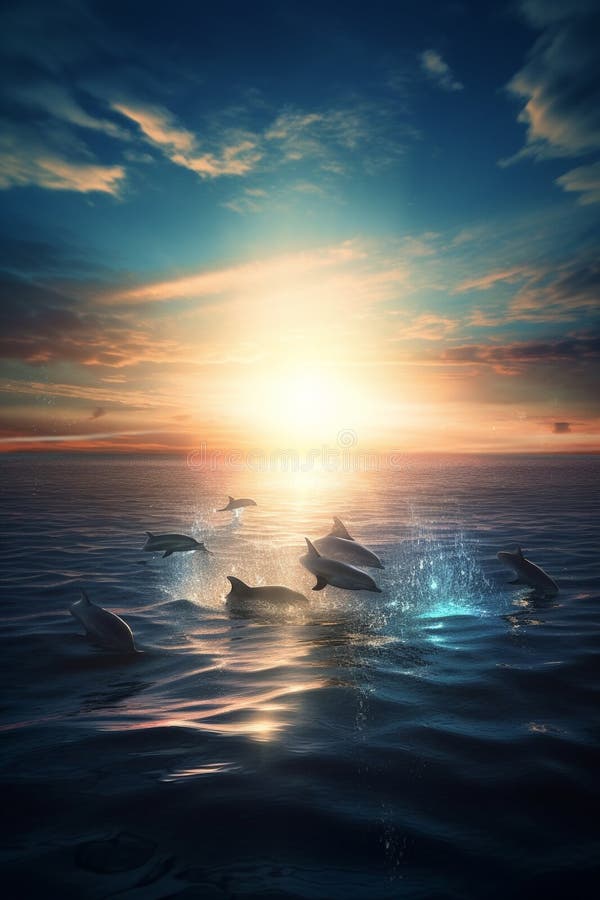A Flock of Dolphins Splashes in the Open Sea at Night among the Glowing ...