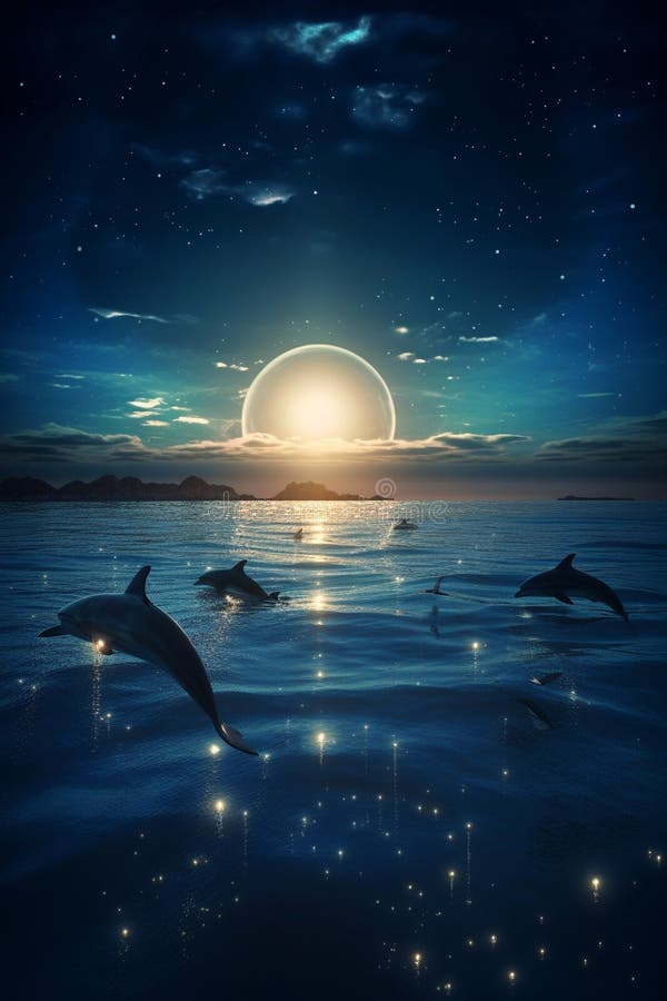 A Flock of Dolphins Splashes in the Open Sea at Night among the Glowing ...