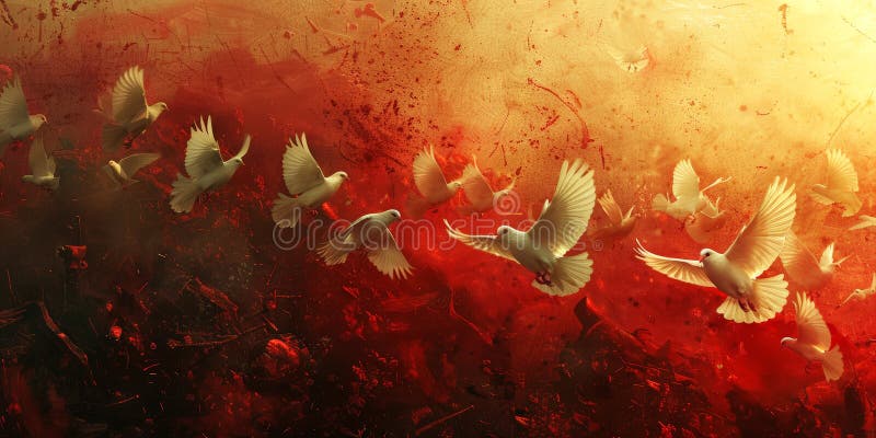 A Flock of Doves Soars Against a Dramatic Red Sky, Symbolizing Hope and ...