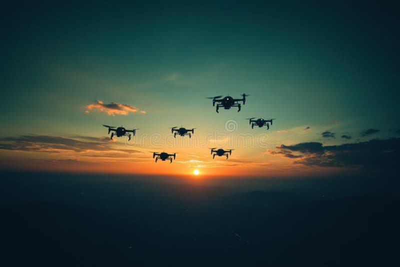 Drones Flying at Sunset Over a Vast Landscape Creating a Stunning ...