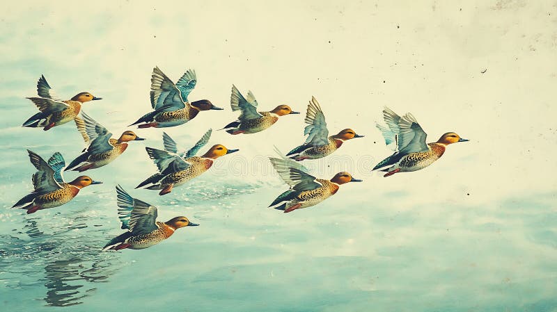 A Flock of Ducks Flying in Formation Against a Light Blue Sky Stock ...