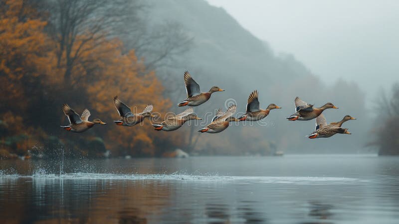 A Flock of Ducks Flying in Formation Over a Misty River Stock Photo ...