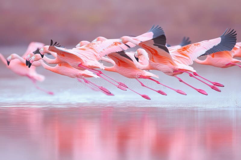 Flock of Flamingos Flying Low Over a Lake, Creating a Beautiful ...
