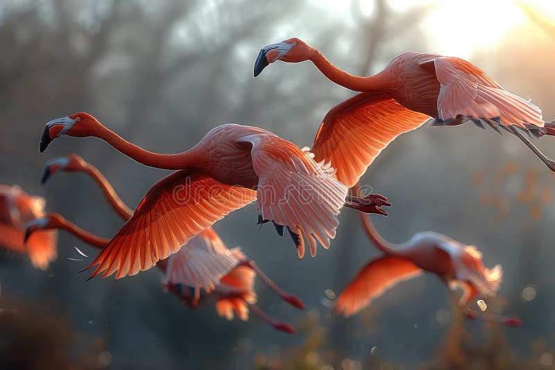 Flock of Flamingos Taking Flight. Stock Illustration - Illustration of ...