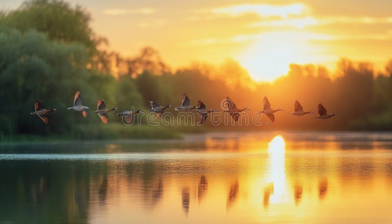 Flock of Geese Flying Over Water at Sunset Stock Photo - Image of dawn ...