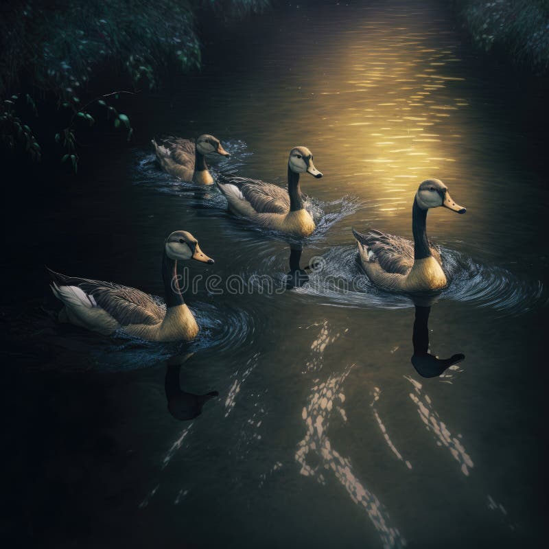 A Flock of Greylag Geese Swimming in a River in a Moon Light. Created ...