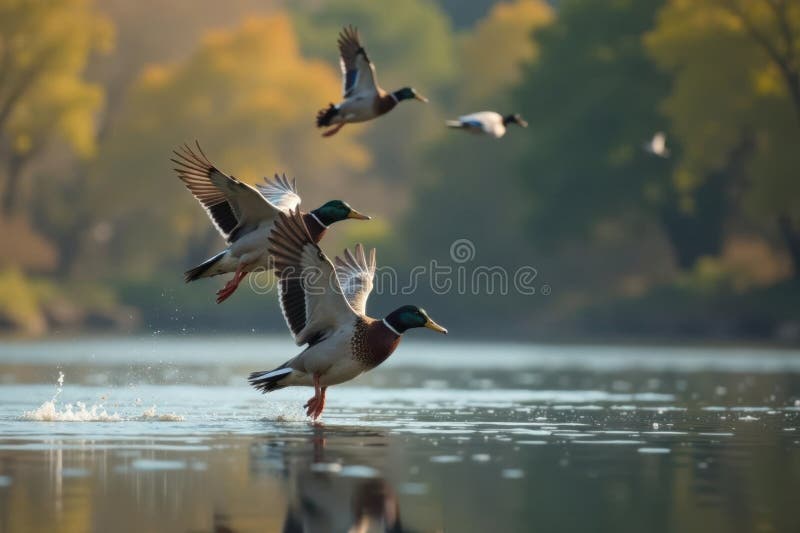 A Flock of Mallards Soaring Above a Stone Quay , Waterfowl, Sunlight ...