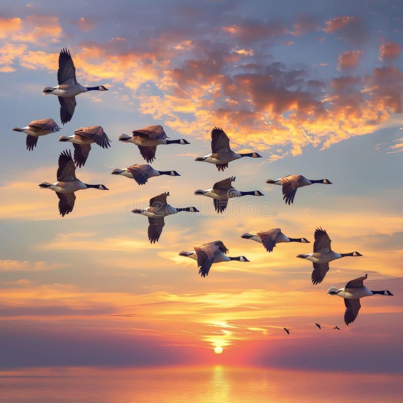 Flock of Migrating Canada Geese Flying at Sunset in a V Formation Stock ...