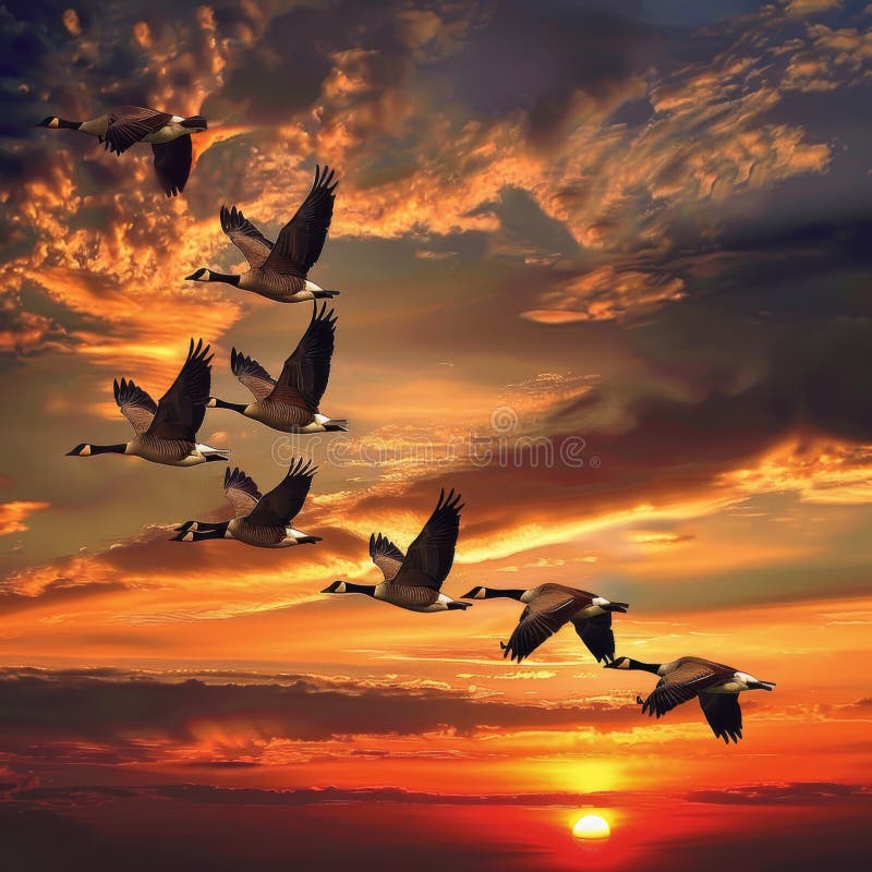 Flock of Migrating Canada Geese Flying at Sunset in a V Formation Stock ...