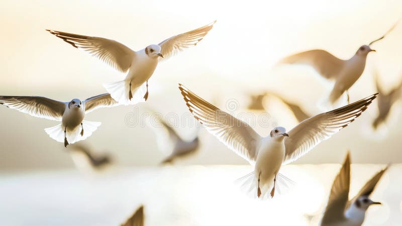 Flock of Seagulls Flying in Clear Blue Sky among Small Clouds Stock ...