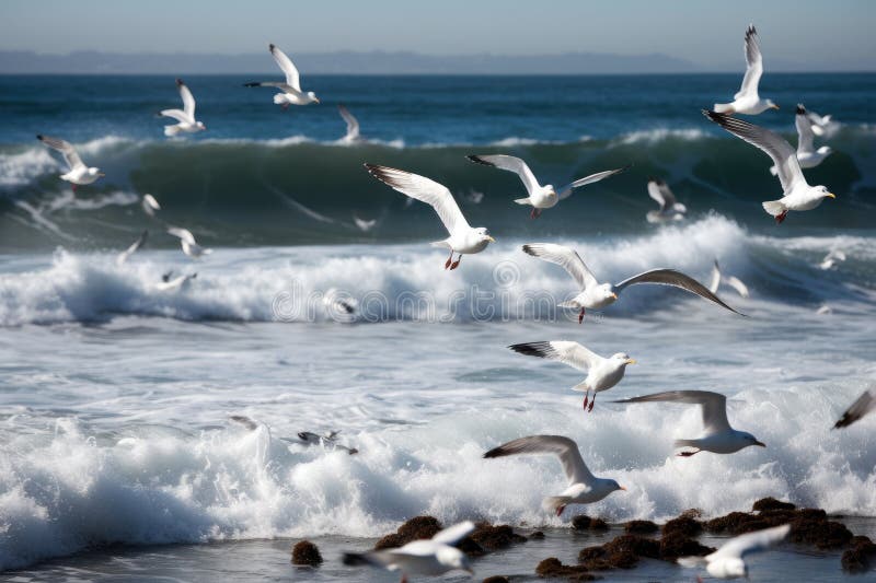 Flock of Seagulls Soaring Over the Ocean. Generative AI Stock ...