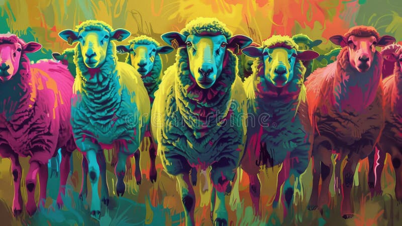 A Flock of Sheep in Drawn Brightly Colored Style Stock Illustration ...
