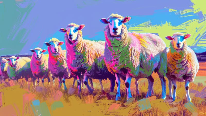 A Flock of Sheep in Drawn Brightly Colored Style Stock Illustration ...