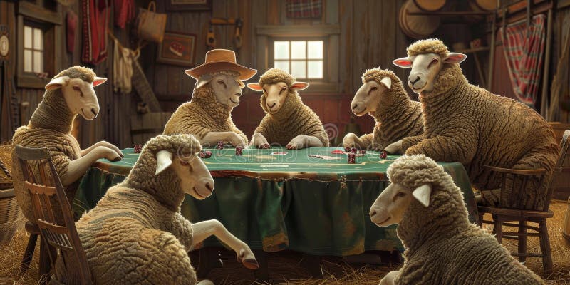 A Flock of Sheep Playing Poker Around a Table in a Barn Generated by AI ...