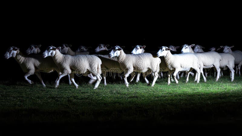 Nocturnal Flock: Sheep Running through the Night, Illuminated in the ...