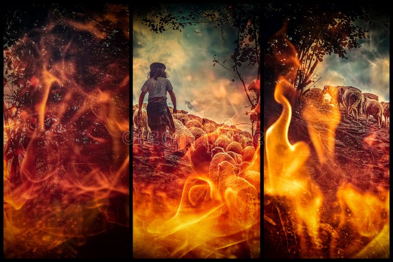 Flock of Sheep and Shepherd. Fire Effect. Stock Image - Image of ...