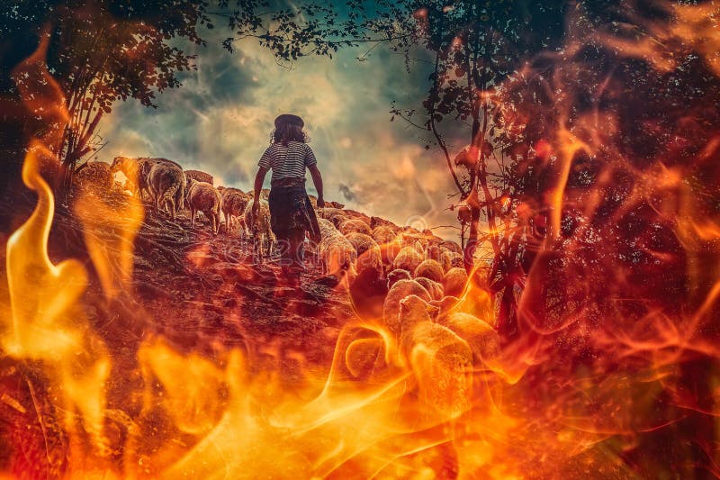 Flock of Sheep and Shepherd. Fire Effect. Stock Photo - Image of mystic ...