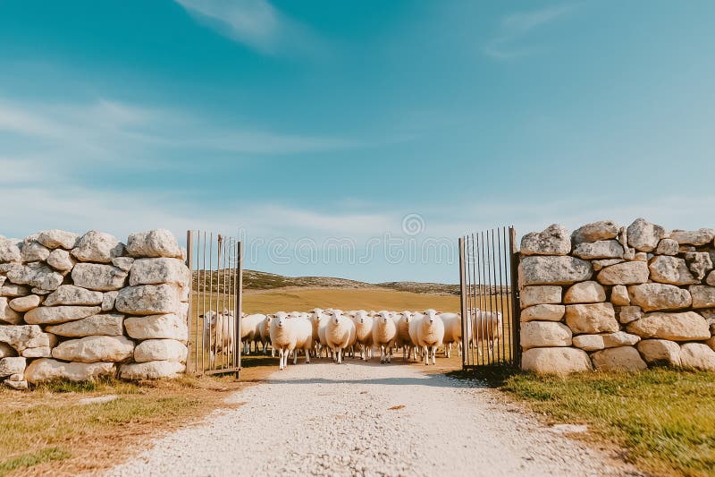 A Flock of Sheep Steps Gracefully through an Open Stone Gate, Embraced ...