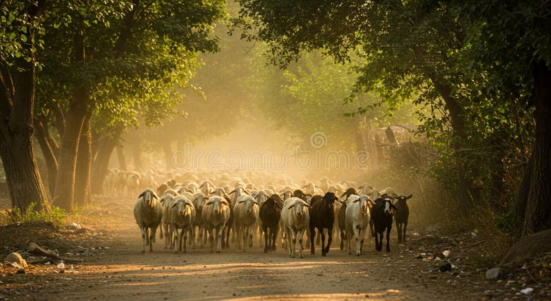 A Flock of Sheep Walks Along a Dirt Path Lined with Trees, Creating ...