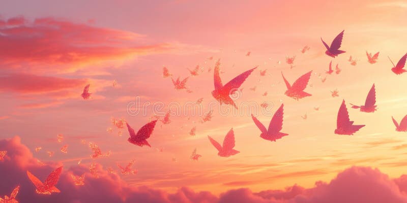 Flock of Sparkling Birds in Sunset Sky with Vibrant Clouds and Warm ...